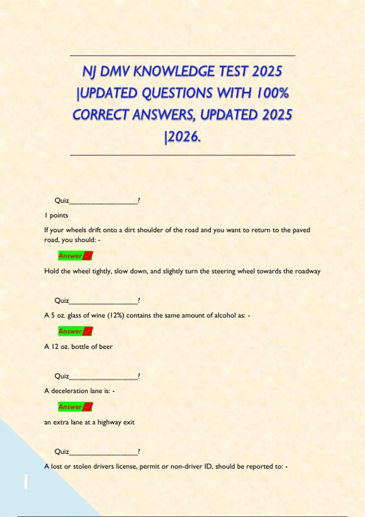 NJ DMV KNOWLEDGE TEST 2025 |UPDATED QUESTIONS WITH 100% CORRECT ANSWERS ...