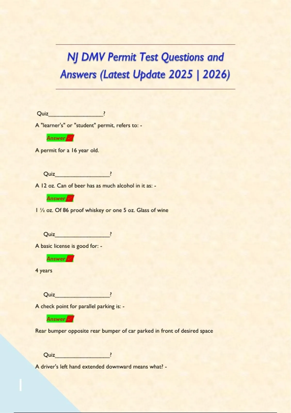 NJ DMV Permit Test Questions and Answers (Latest Update 2025 | 2026 ...