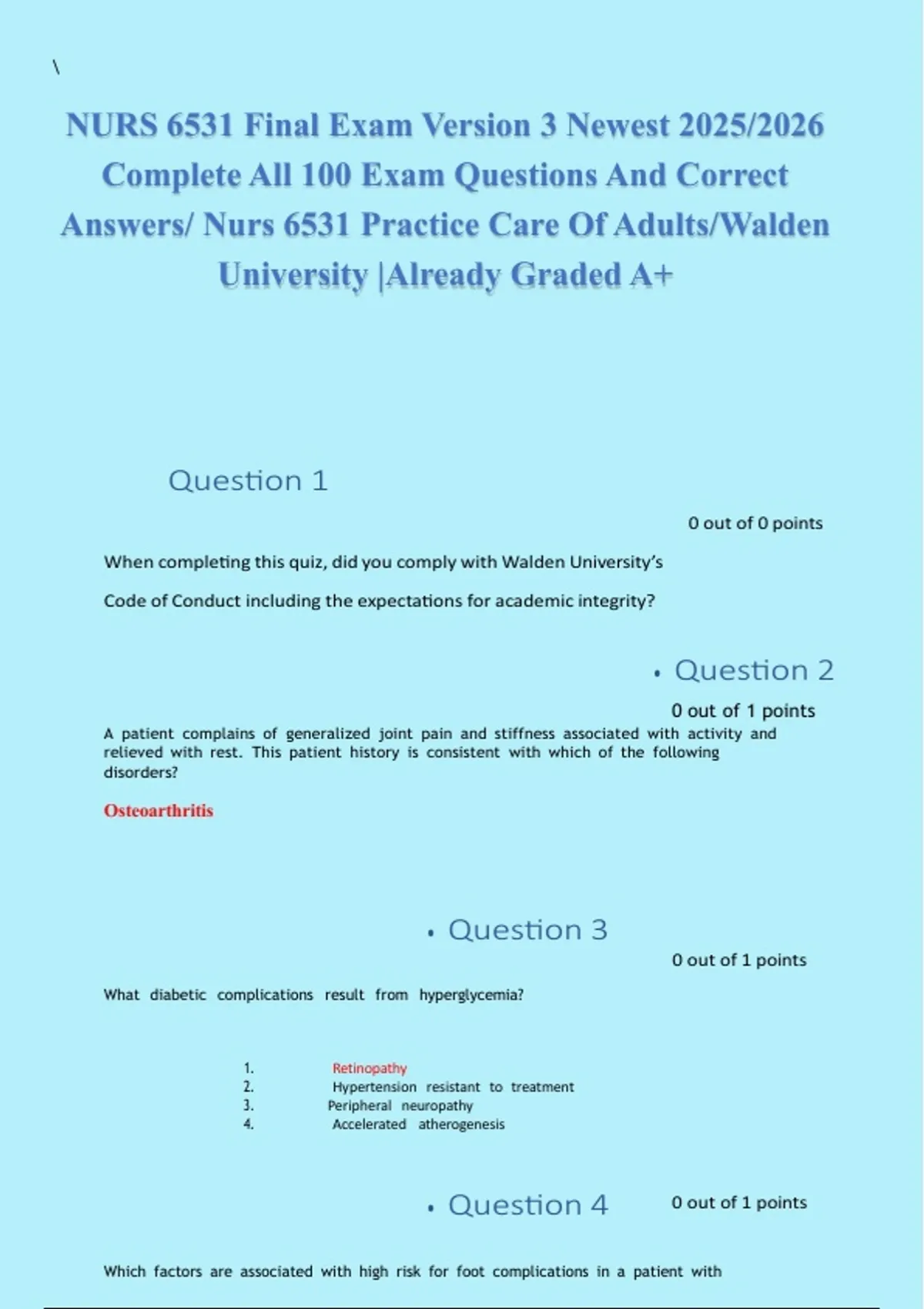 NURS 6531 Final Exam Version 3 Newest 2025/2026 Complete All 100 Exam ...