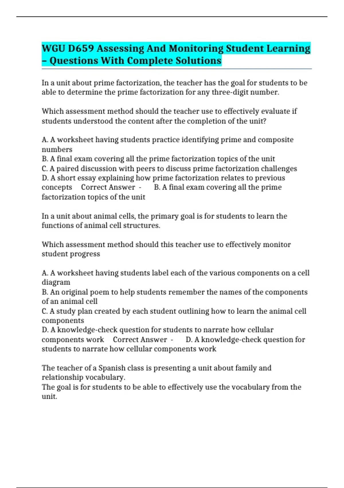 WGU D659 Assessing And Monitoring Student Learning – Questions With ...