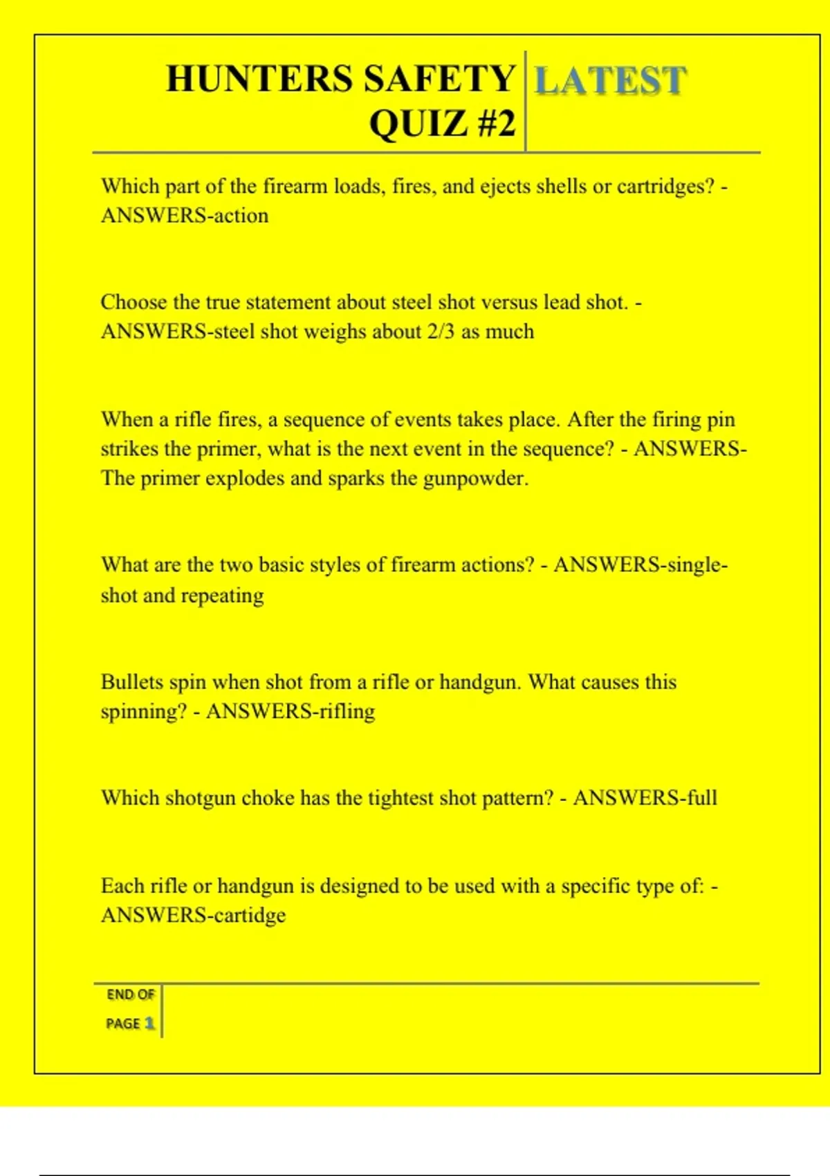 HUNTERS SAFETY QUIZ #2 QUESTIONS AND ANSWERS 2025 - HUNTERS SAFETY ...