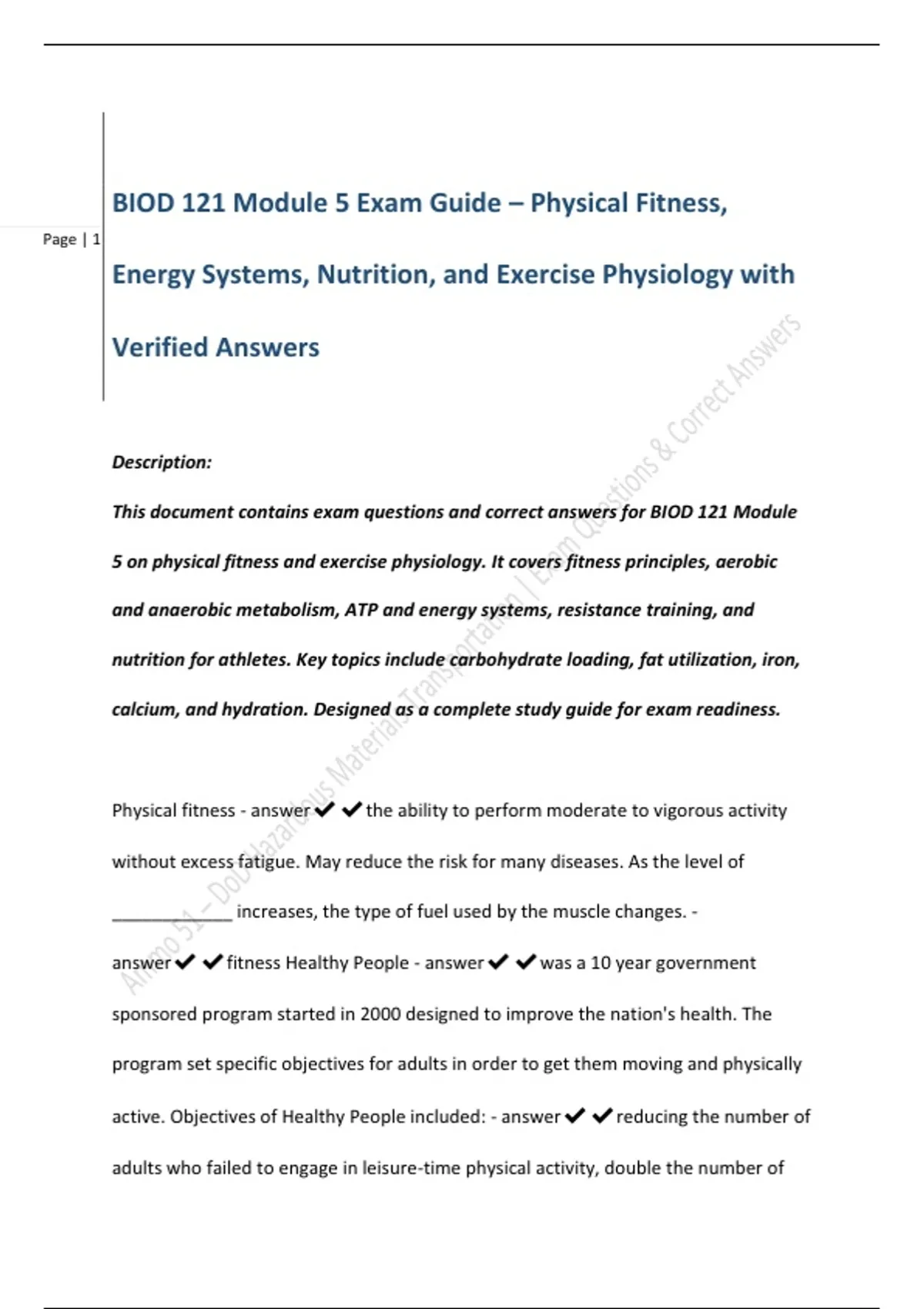 BIOD 121 Module 5 Exam Guide – Physical Fitness, Energy Systems ...