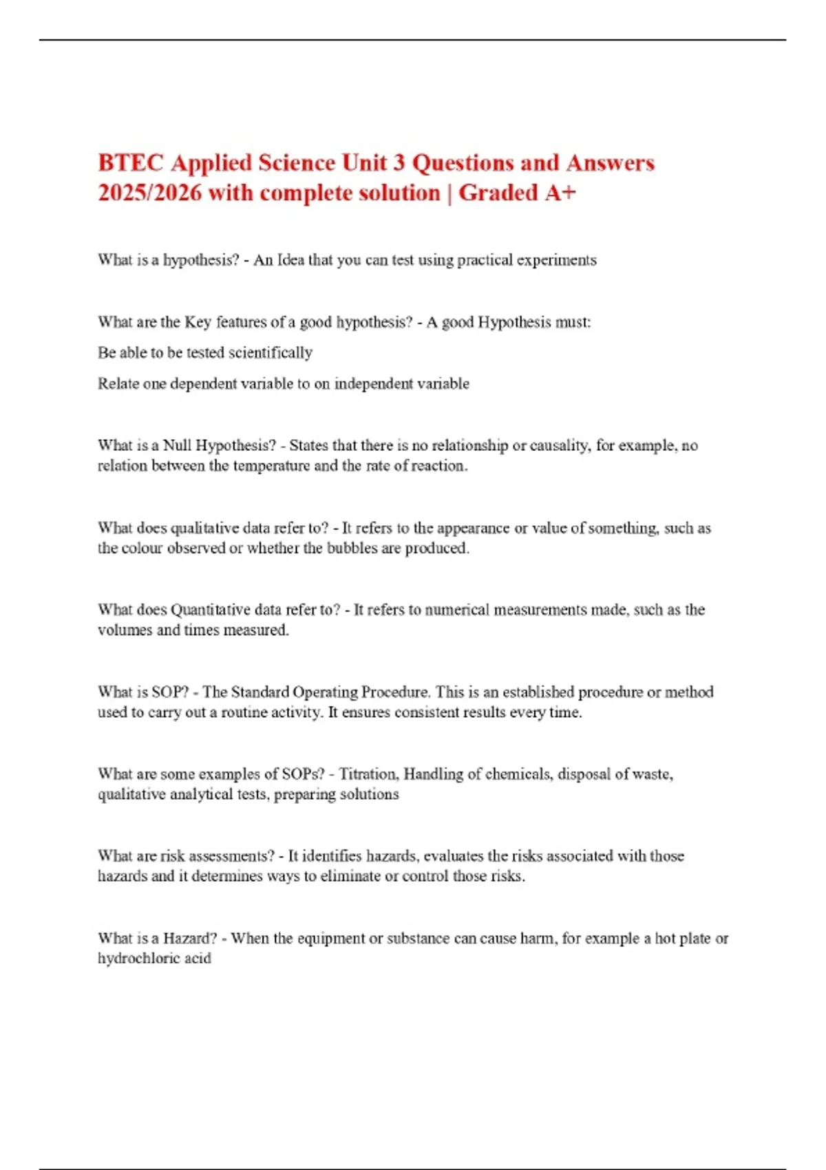 BTEC Applied Science Unit 3 Questions and Answers 2025/2026 with ...