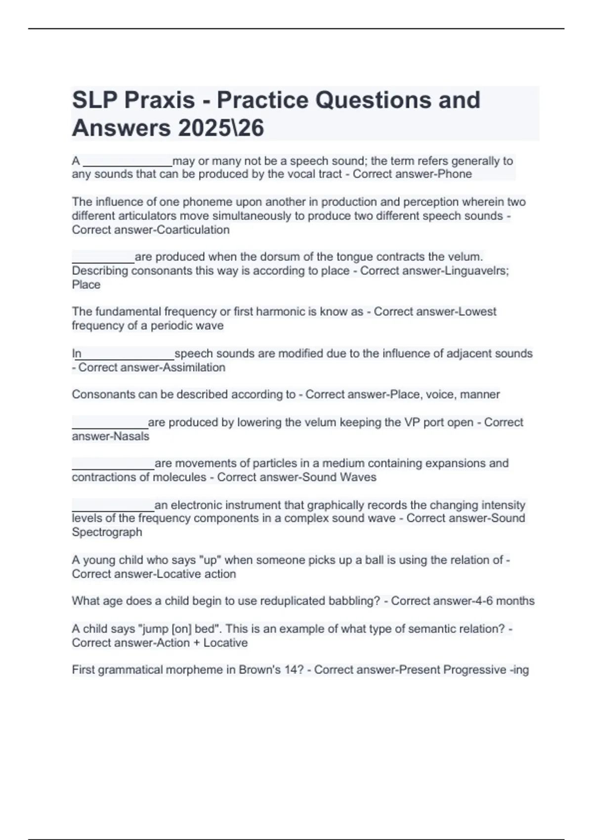 SLP Praxis Practice Questions and Answers | Updated 2025/2026 Exam Prep ...