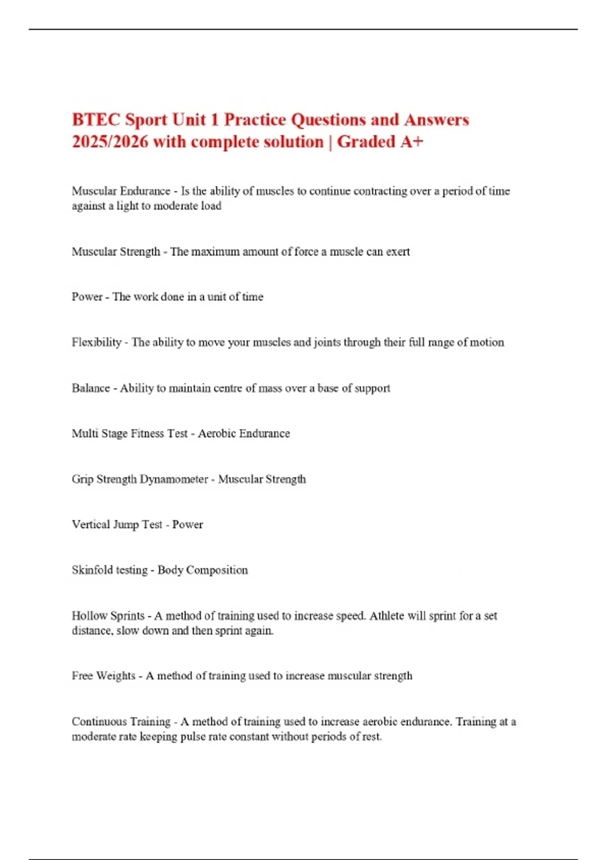 BTEC Sport Unit 1 Practice Questions and Answers 2025/2026 with complete solution | Graded A+ ...
