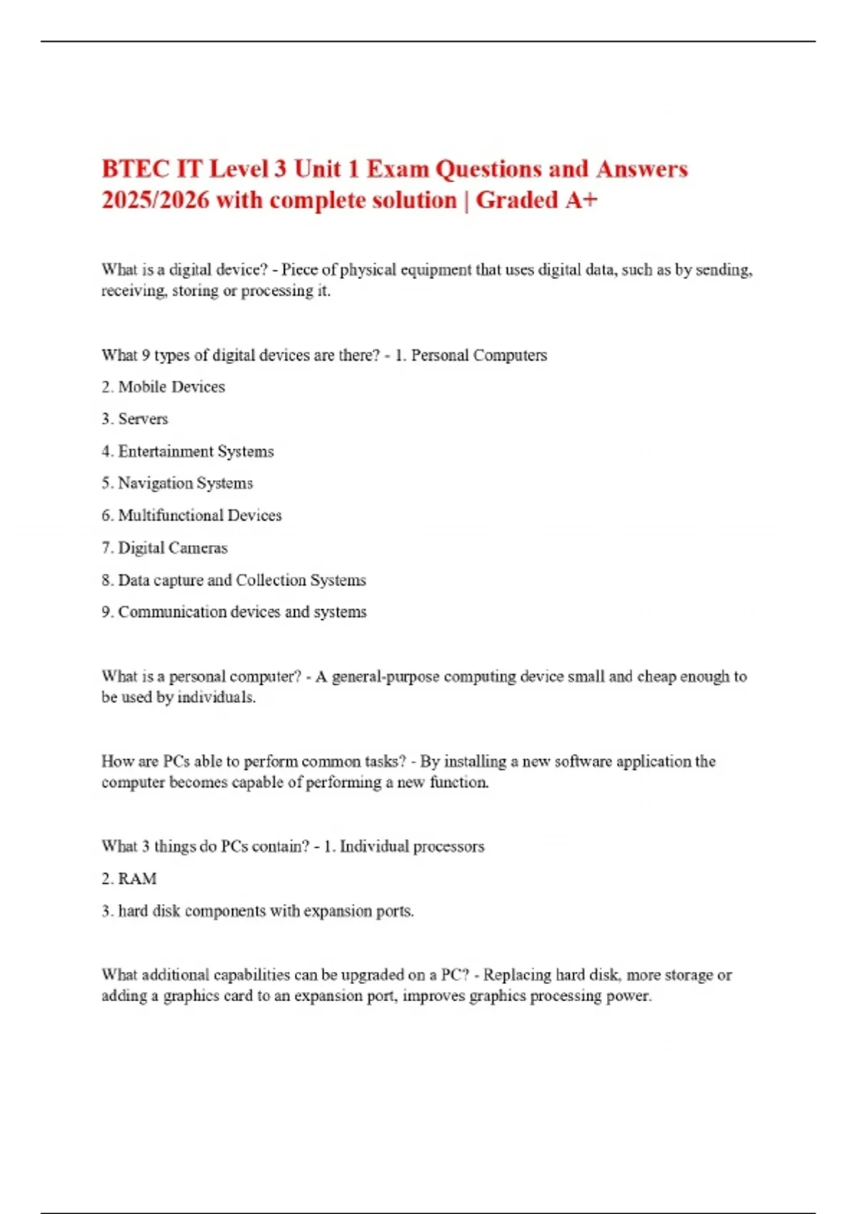 BTEC IT Level 3 Unit 1 Exam Questions and Answers 2025/2026 with complete solution | Graded A+ ...