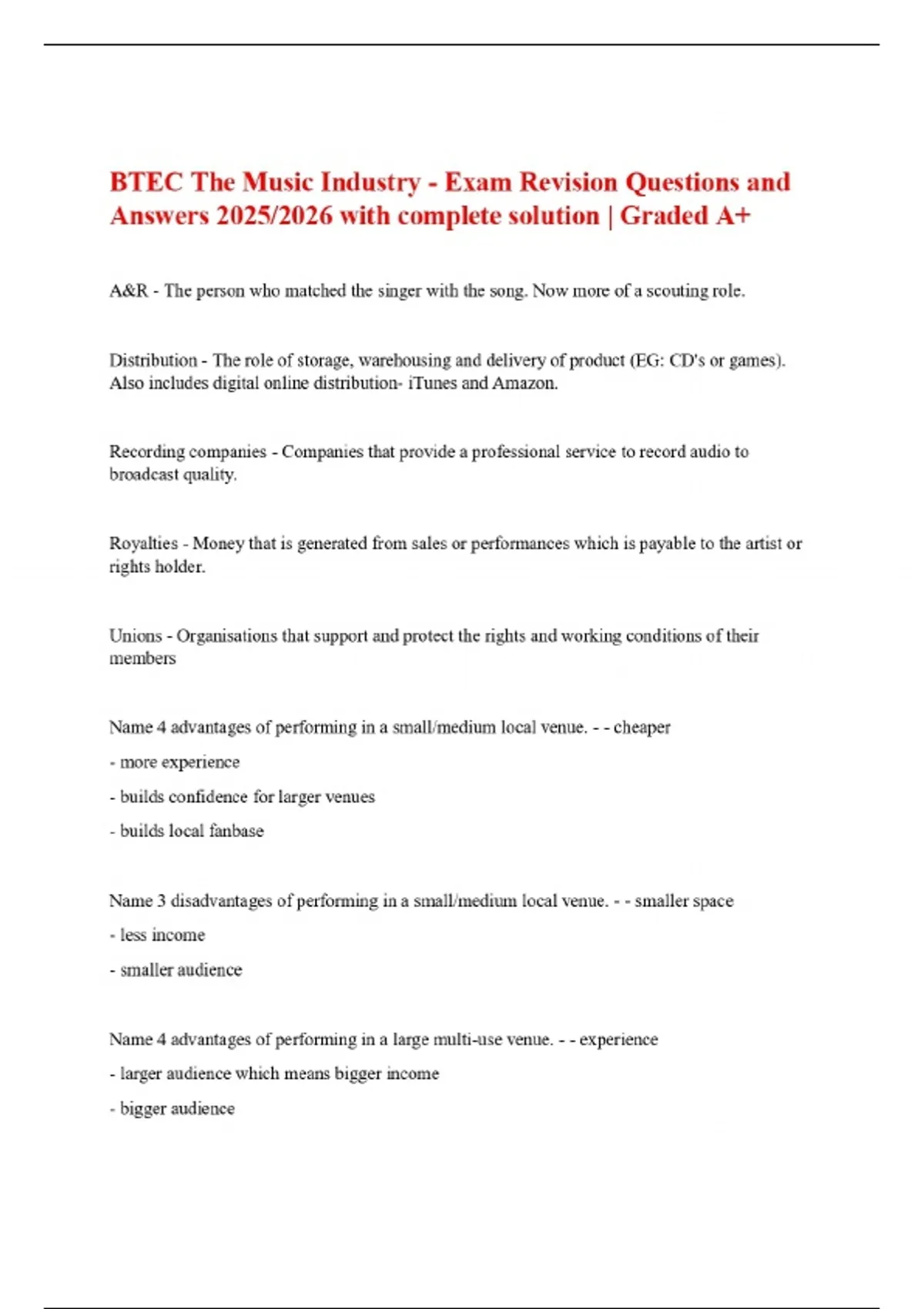 BTEC The Music Industry - Exam Revision Questions and Answers 2025/2026 ...