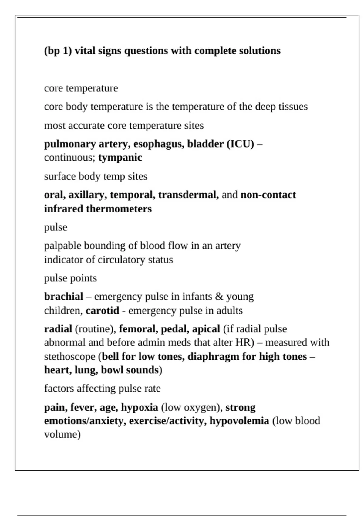 (bp 1) vital signs questions with complete solutions - Bp 1 - Stuvia US