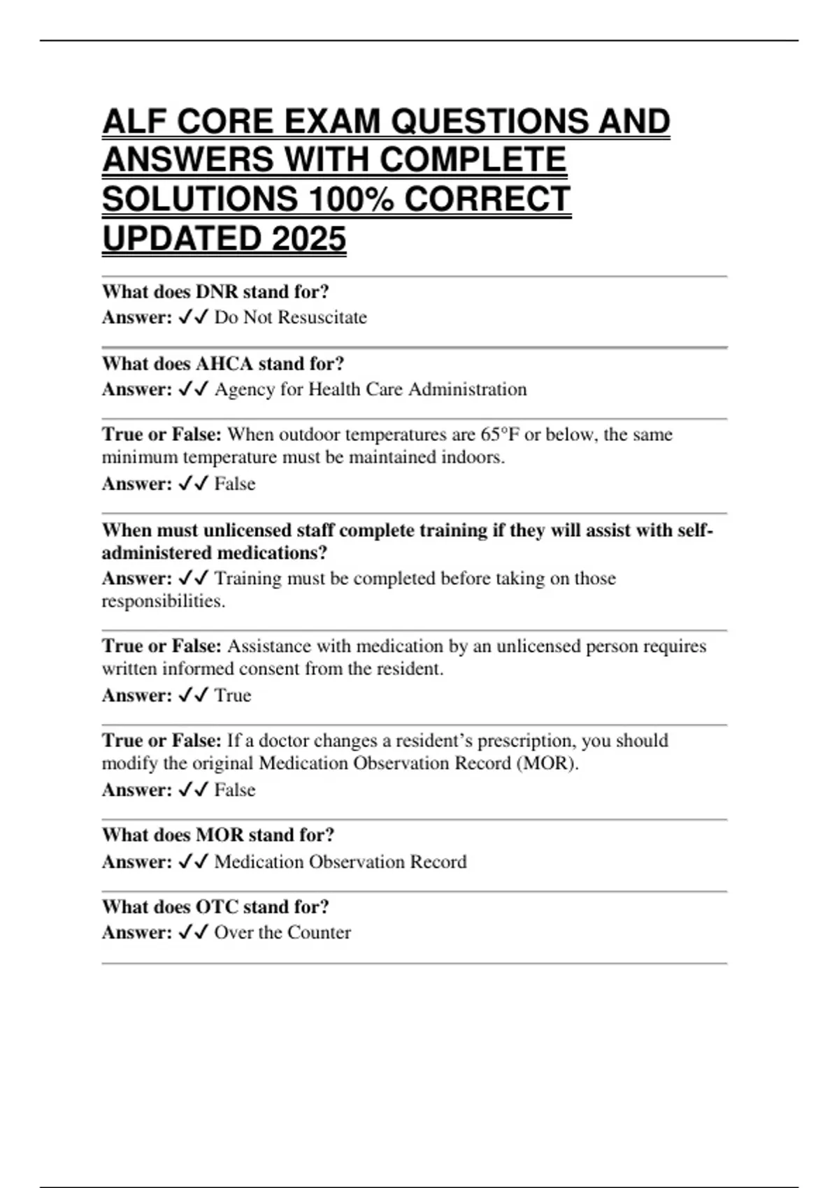 ALF CORE EXAM QUESTIONS AND ANSWERS WITH COMPLETE SOLUTIONS 100% ...
