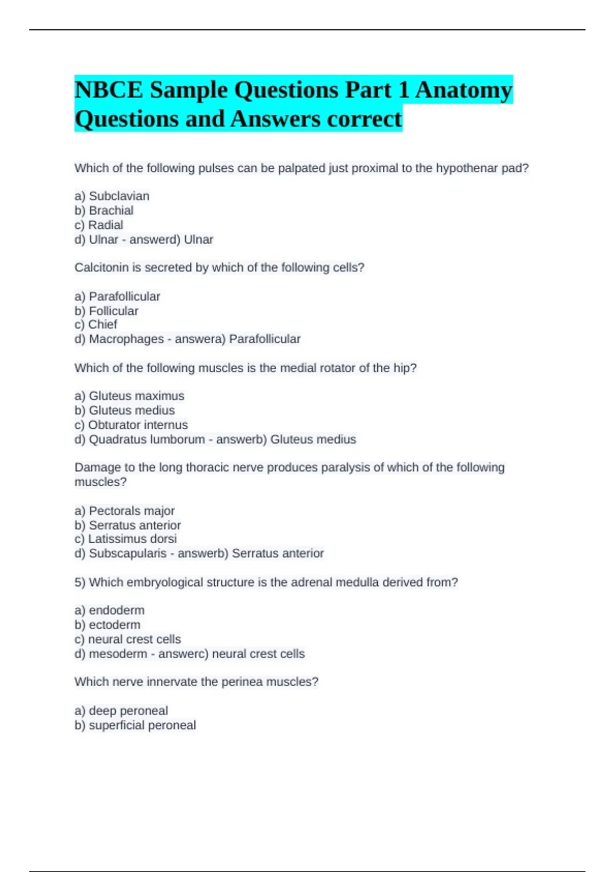 NBCE Sample Questions Part 1 Anatomy Questions and Answers correct ...