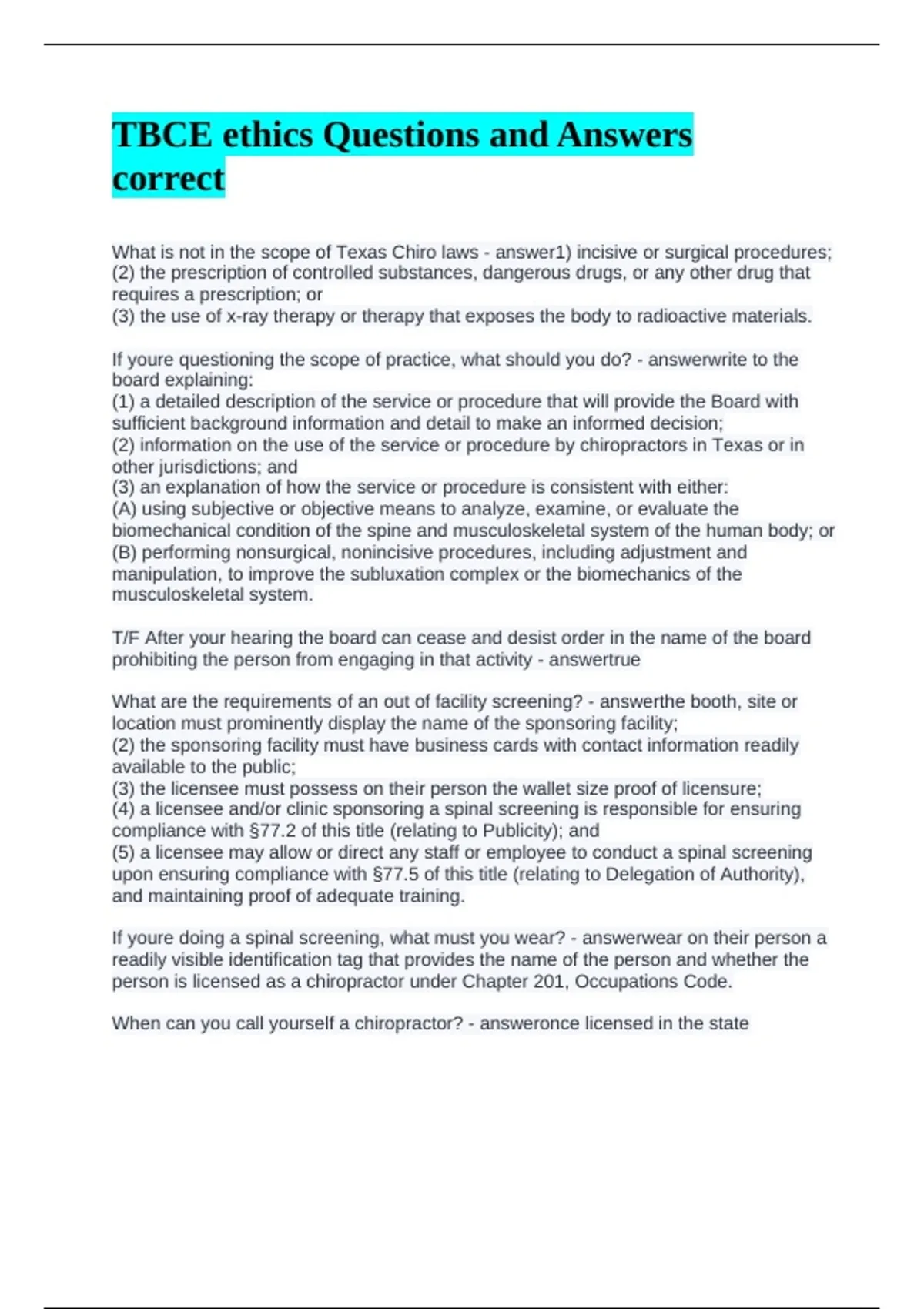 TBCE ethics Questions and Answers correct - NBCE ACUPUNCTURE - Stuvia US