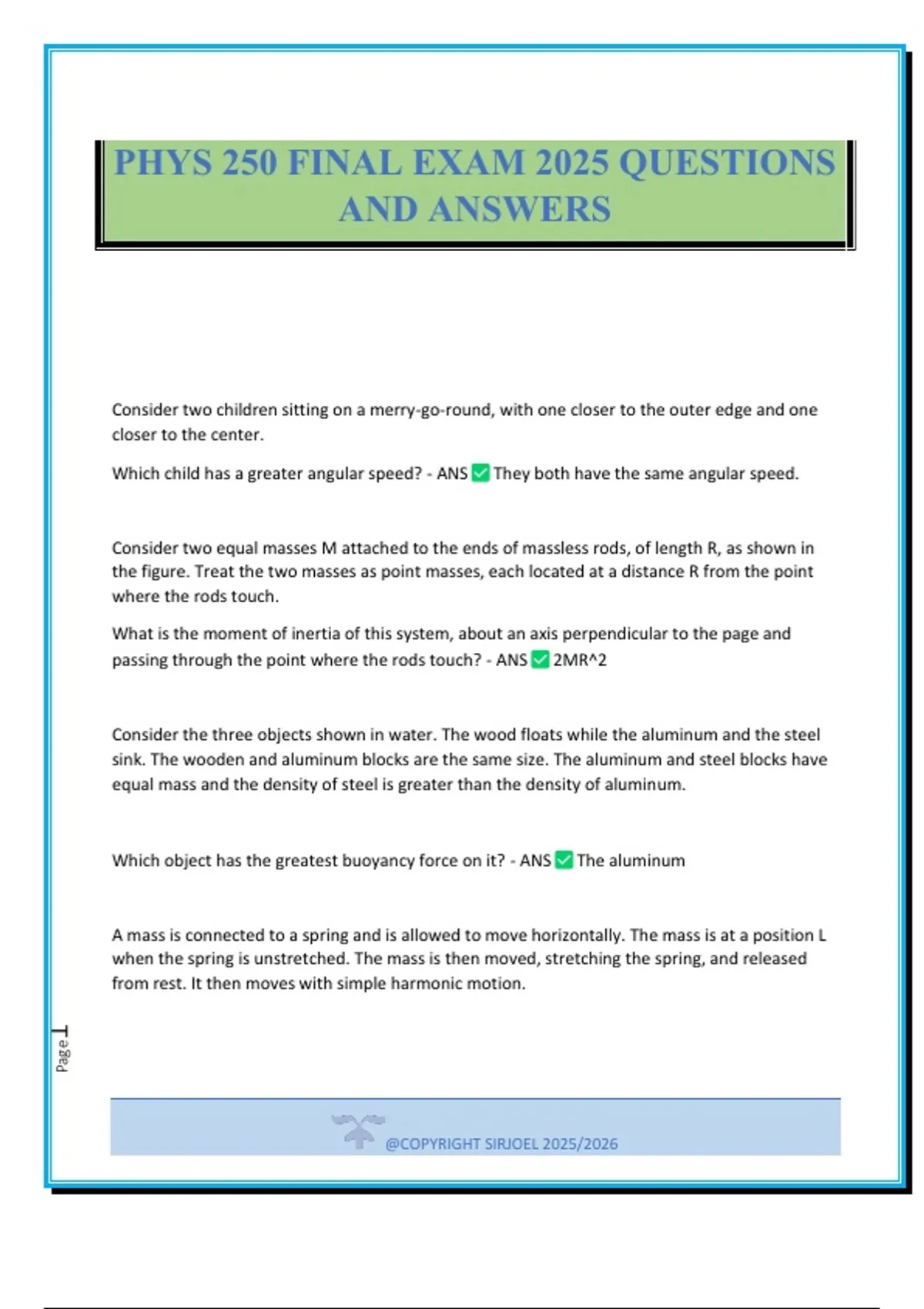 PHYS 250 FINAL EXAM 2025 QUESTIONS AND ANSWERS - PHYS 250 - Stuvia US