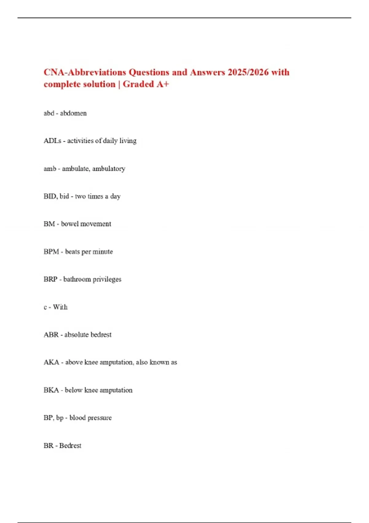 CNA-Abbreviations Questions and Answers 2025/2026 with complete ...