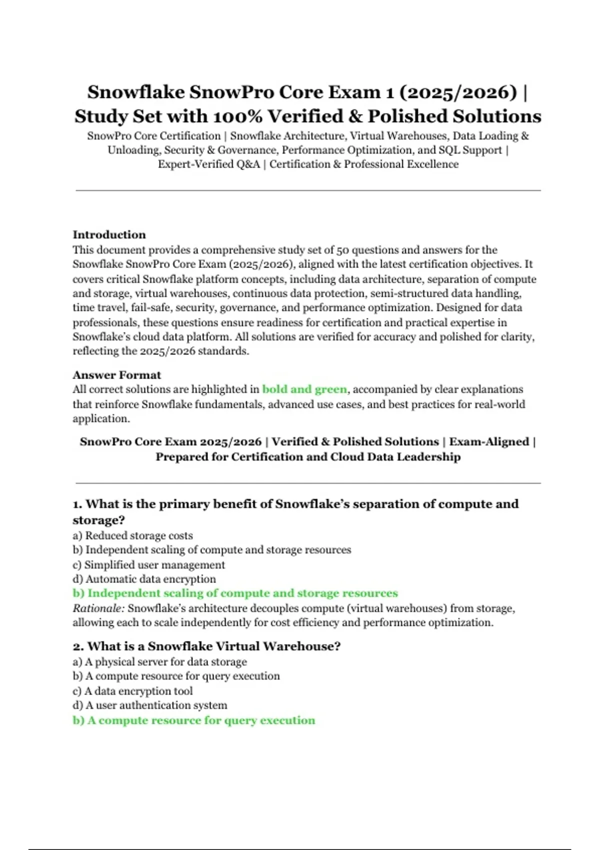 Snowflake SnowPro Core Exam 1 (2025/2026) – Study Set with 100% ...