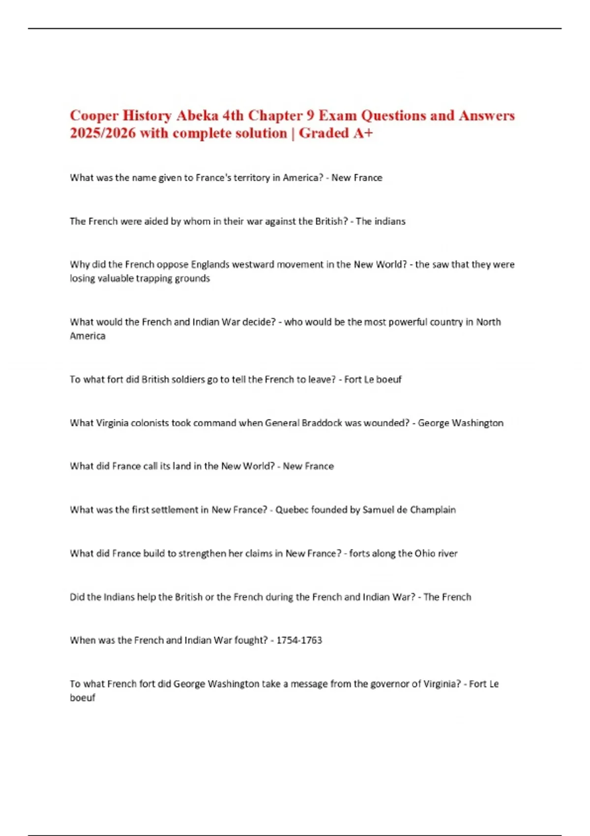 Cooper History Abeka 4th Chapter 9 Exam Questions and Answers 2025/2026 ...
