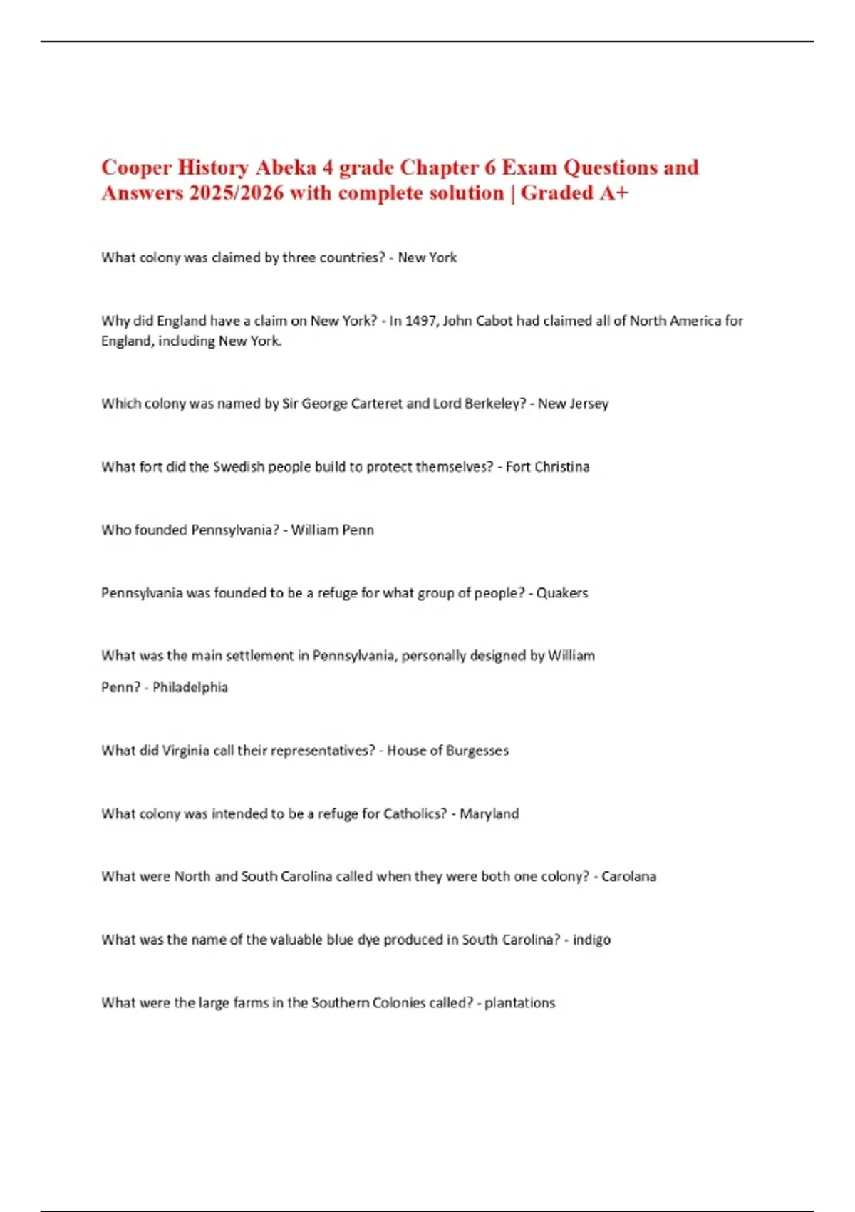 Cooper History Abeka 4 grade Chapter 6 Exam Questions and Answers 2025/ ...
