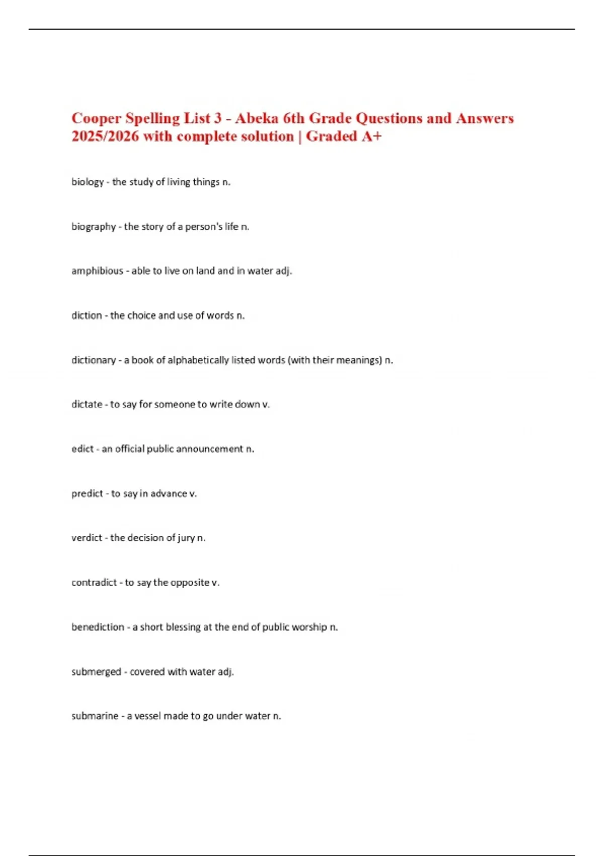 Cooper Spelling List 3 - Abeka 6th Grade Questions and Answers 2025/ ...