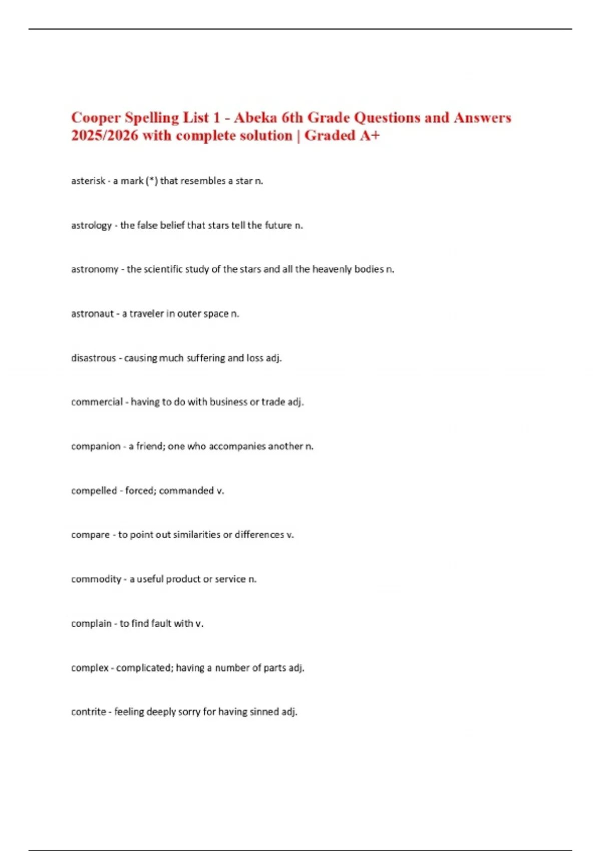 Cooper Spelling List 1 - Abeka 6th Grade Questions and Answers 2025/ ...