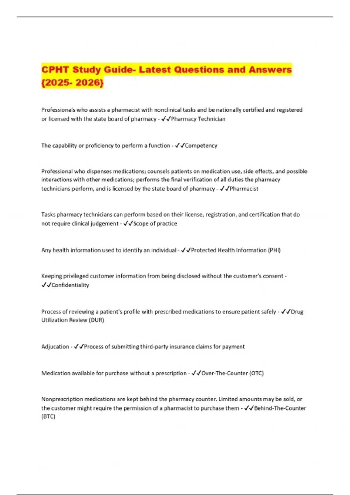 CPHT Study Guide- Latest Questions and Answers {} - CPhT - Stuvia US