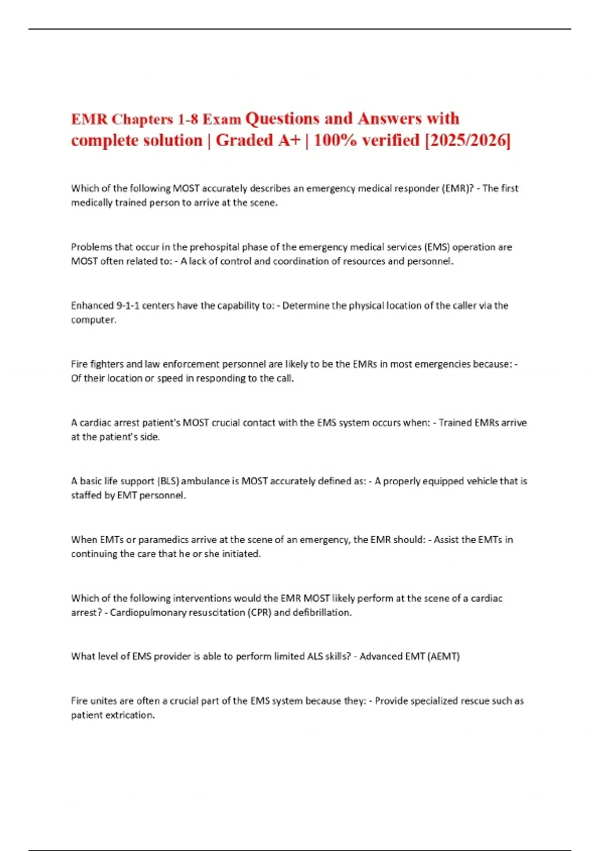 EMR Chapters 1-8 Exam Questions and Answers with complete solution ...
