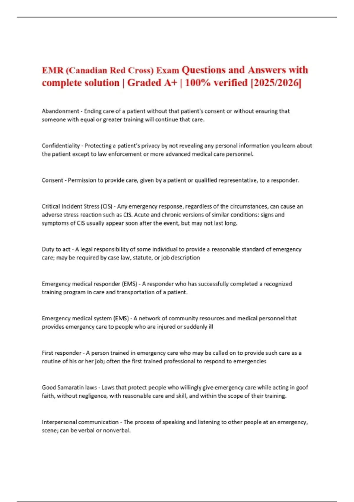 EMR (Canadian Red Cross) Exam Questions and Answers with complete ...