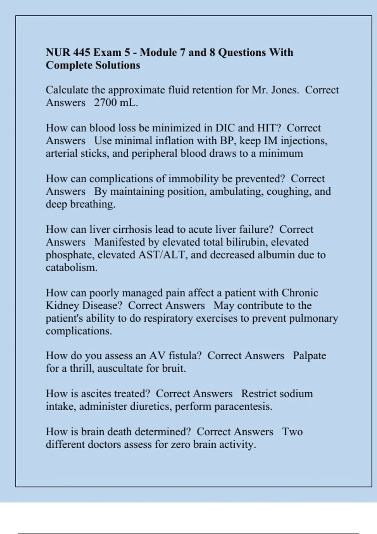 NUR 445 Exam 5 - Module 7 and 8 Questions With Complete Solutions - NUR ...