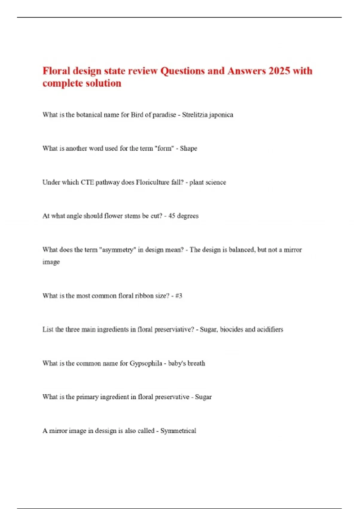 Floral design state review Questions and Answers 2025 with complete ...
