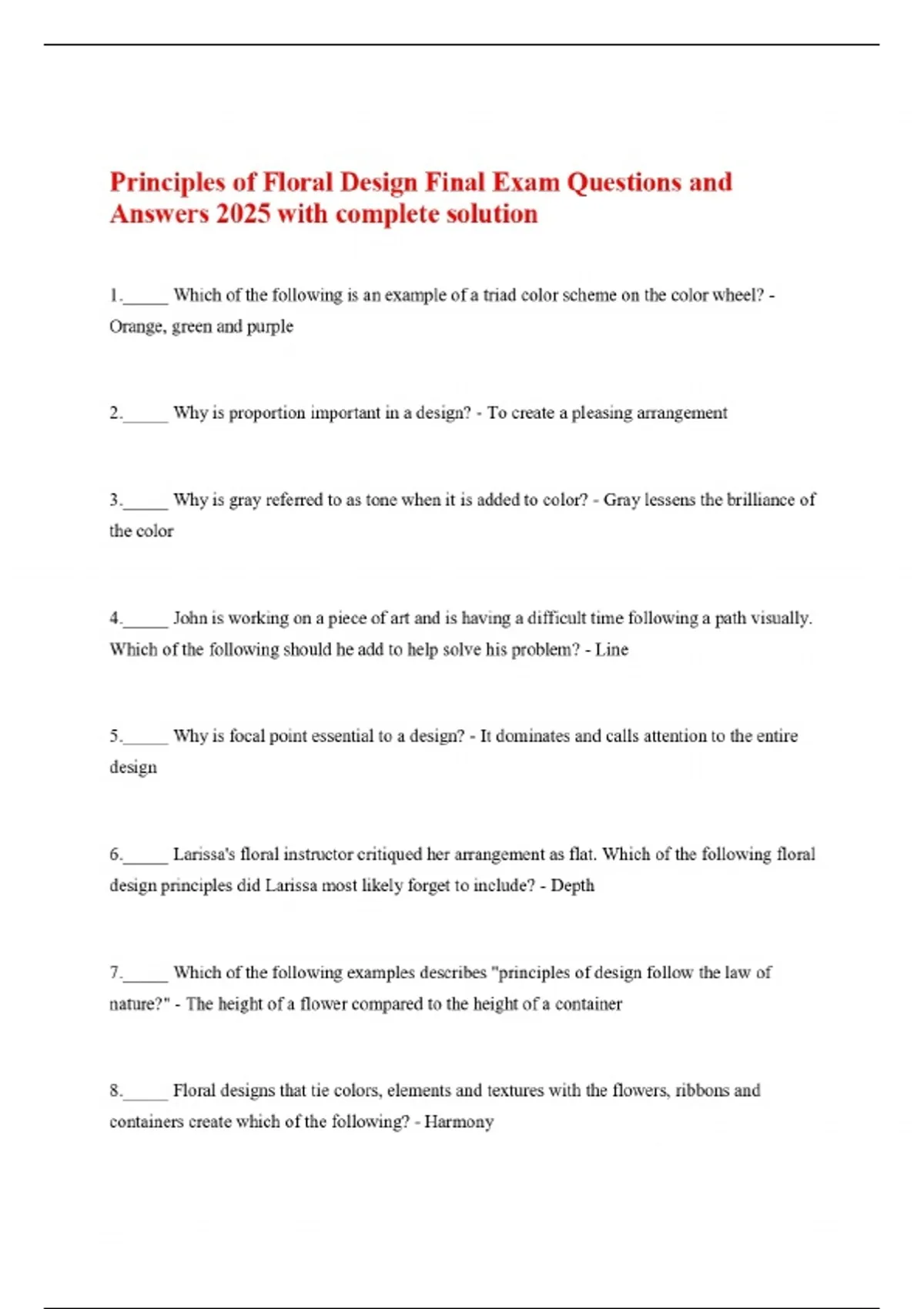 Principles of Floral Design Final Exam Questions and Answers 2025 with ...