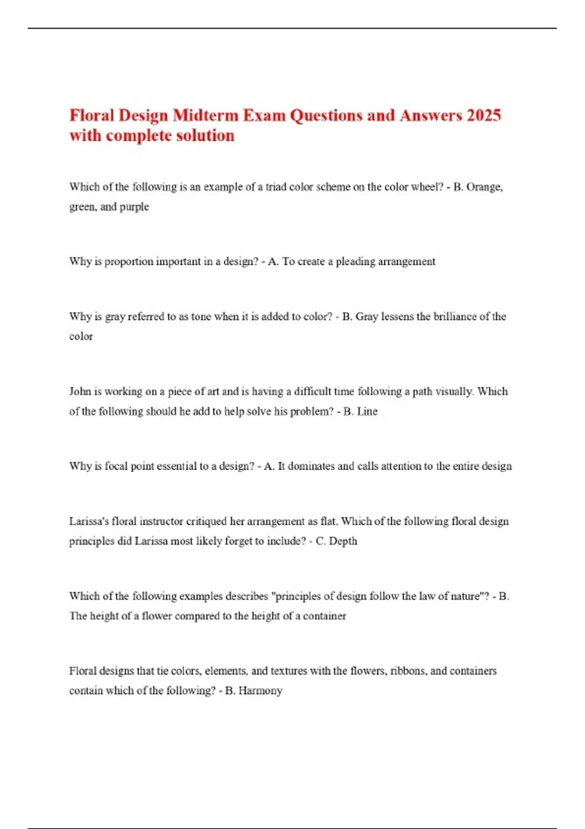 Floral Design Midterm Exam Questions and Answers 2025 with complete ...