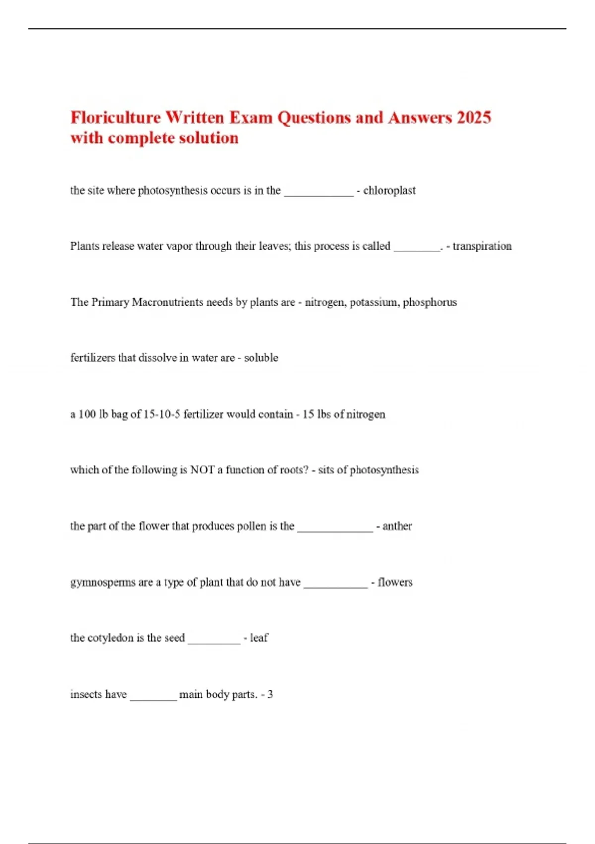 Floriculture Written Exam Questions and Answers 2025 with complete ...