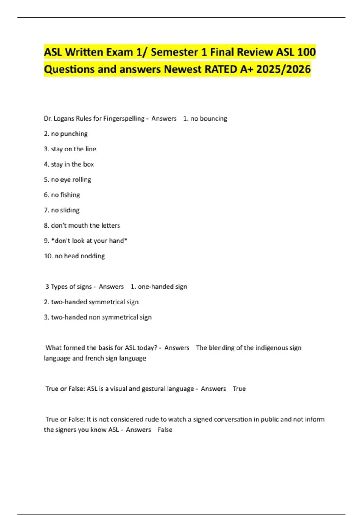 ASL Written Exam 1/ Semester 1 Final Review ASL 100 Questions and ...