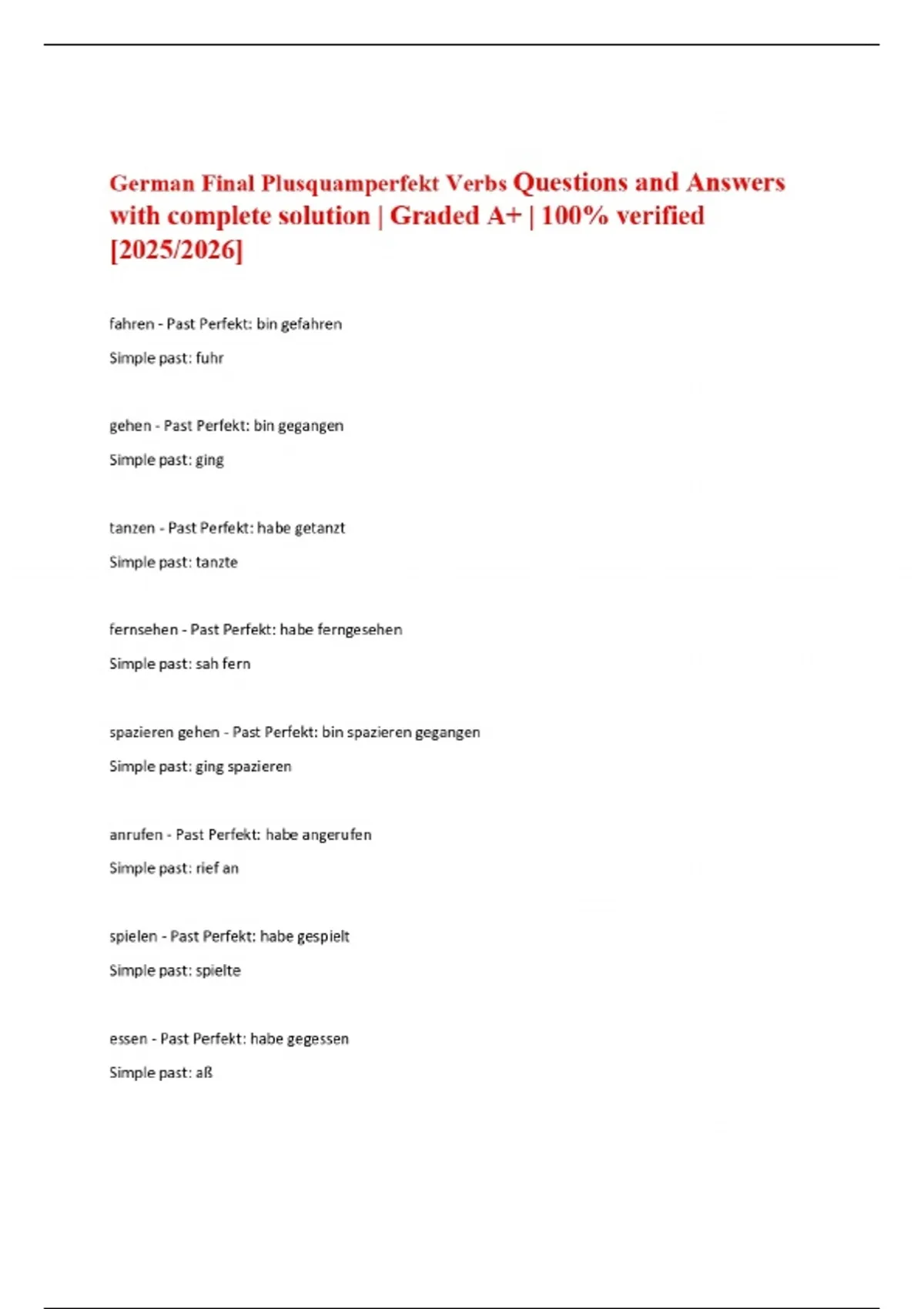 German Final Plusquamperfekt Verbs Questions and Answers with complete ...