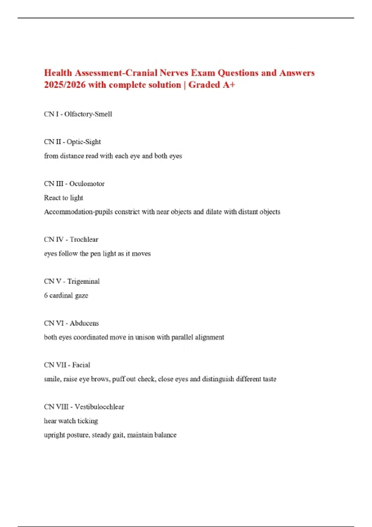 Health Assessment-Cranial Nerves Exam Questions and Answers 2025/2026 ...