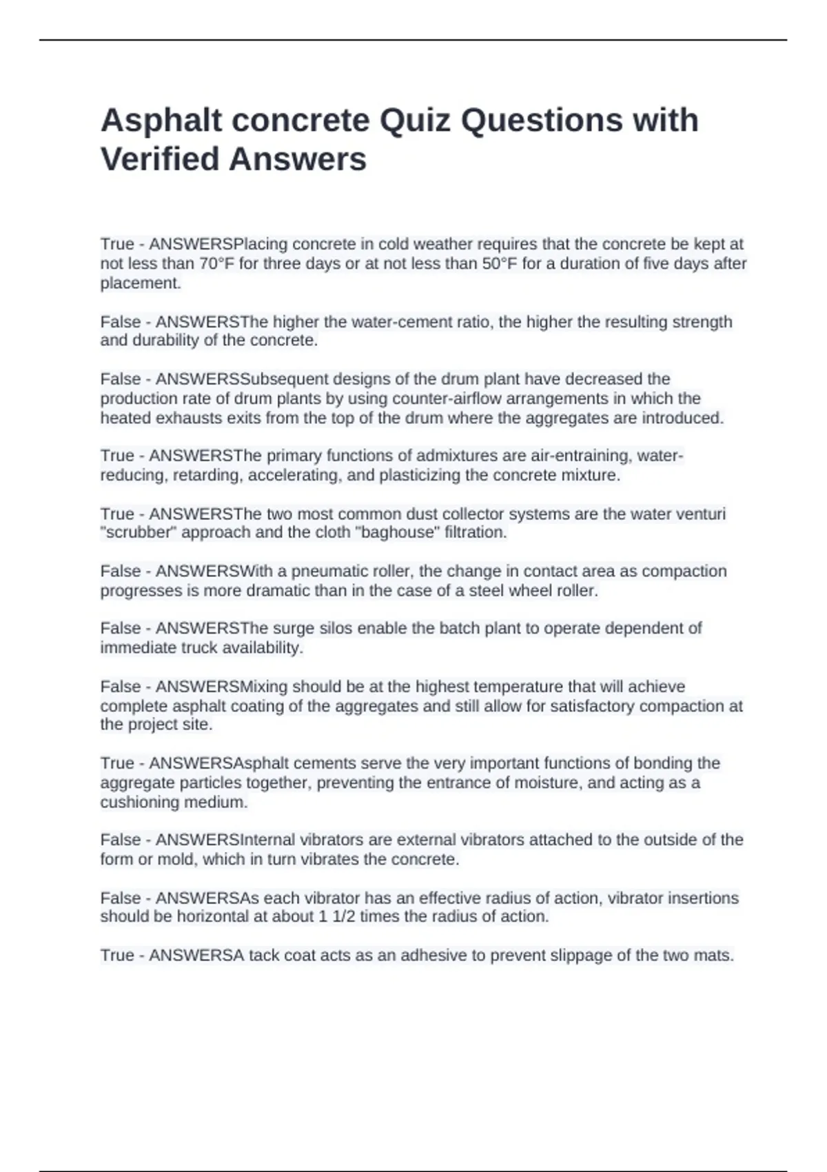 Asphalt concrete Quiz Questions with Verified Answers - Asphalt concrete - Stuvia US