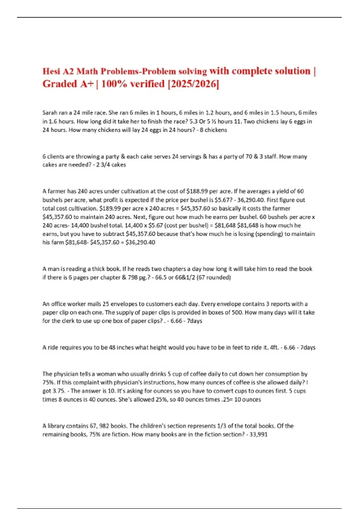 Hesi A2 Math Problems-Problem solving with complete solution | Graded A+ | 100% verified [2025/ ...