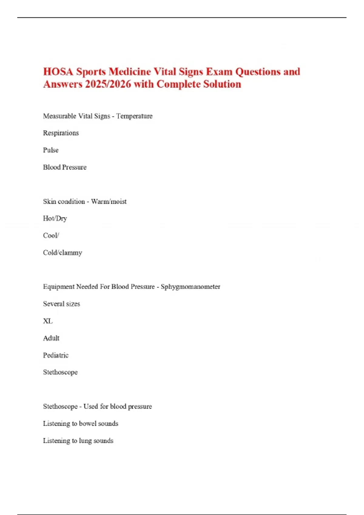 HOSA Sports Medicine Vital Signs Exam Questions and Answers 2025/2026 ...