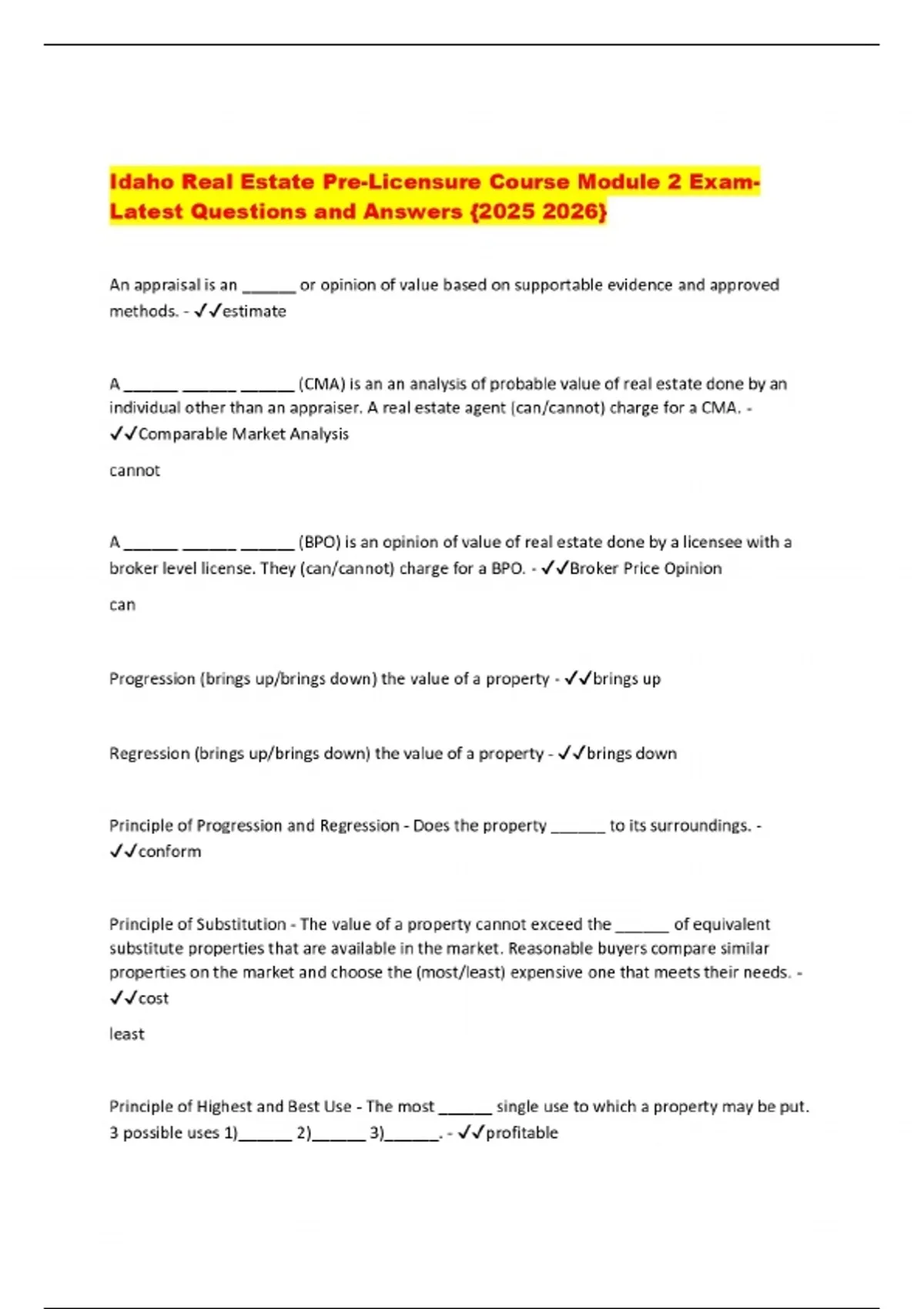 Idaho Real Estate Pre-Licensure Course Module 2 Exam- Latest Questions ...