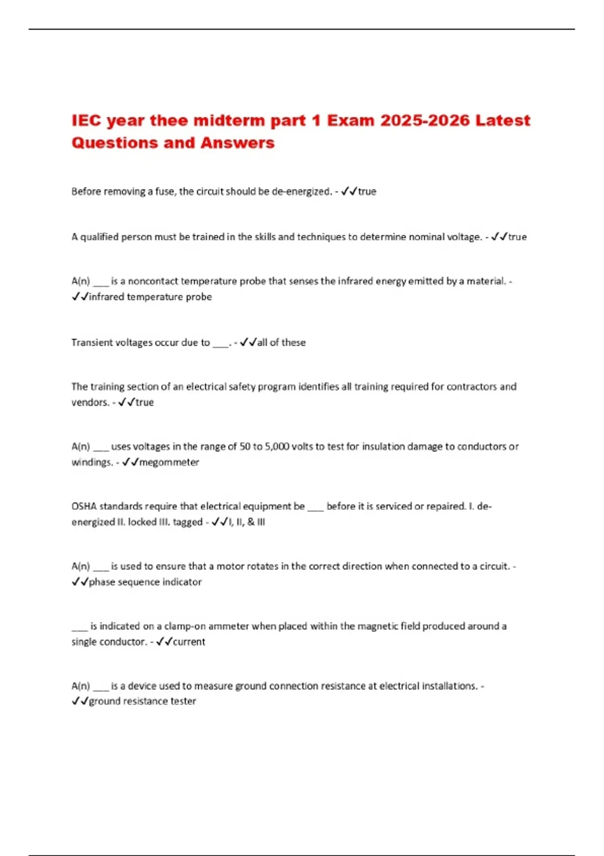 IEC year thee midterm part 1 Exam Latest Questions and Answers - IEC ...