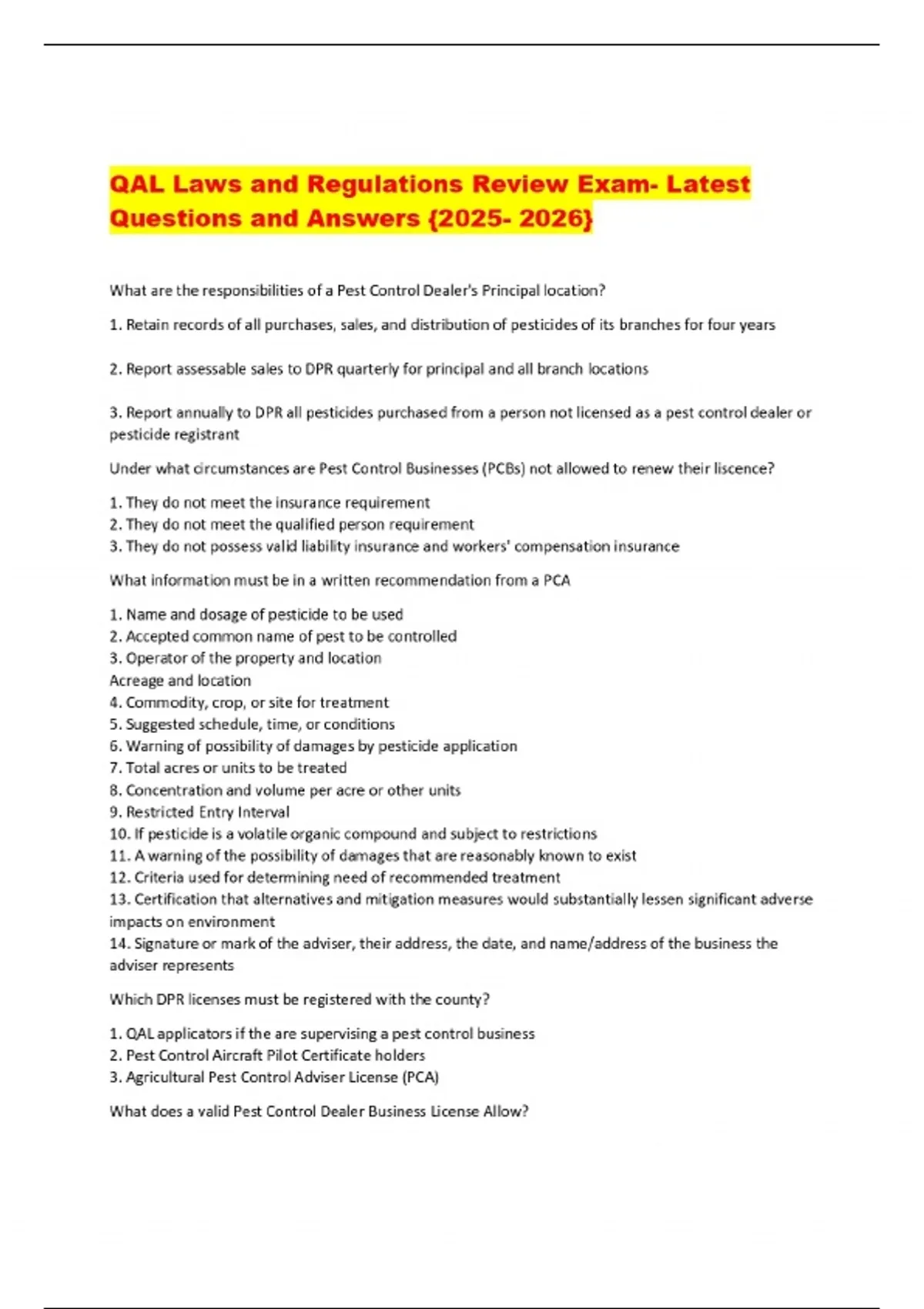 QAL Laws and Regulations Review Exam- Latest Questions and Answers ...