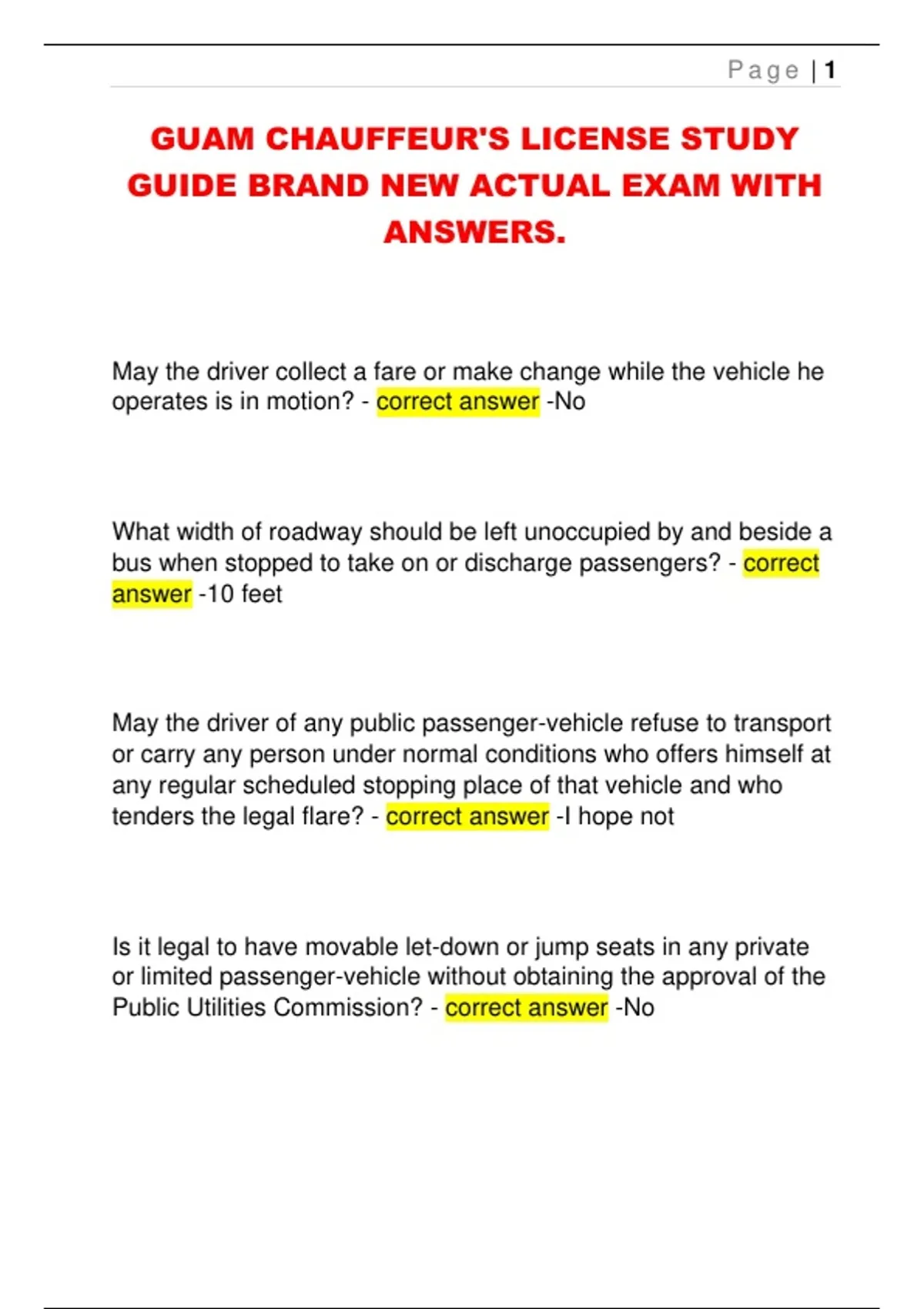 GUAM CHAUFFEUR'S LICENSE STUDY GUIDE BRAND NEW ACTUAL EXAM WITH ANSWERS ...