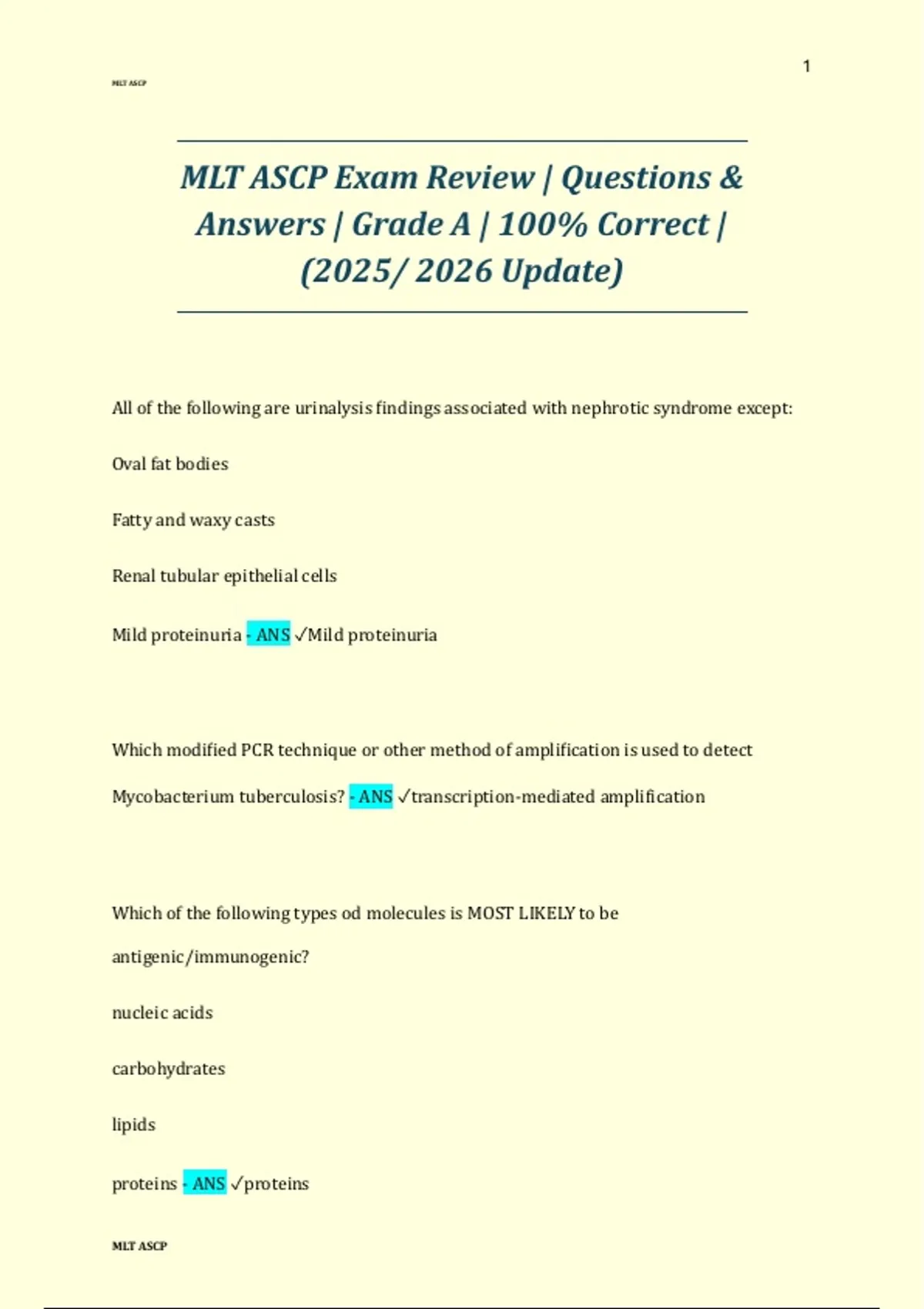 MLT ASCP Exam Review | Questions & Answers | Grade A | 100% Correct ...