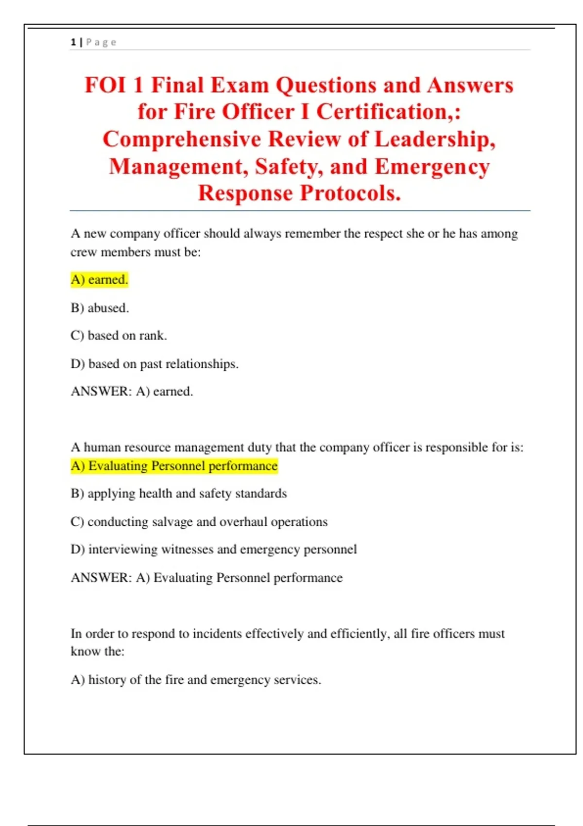 FOI 1 Final Exam Questions and Answers for Fire Officer I Certification ...