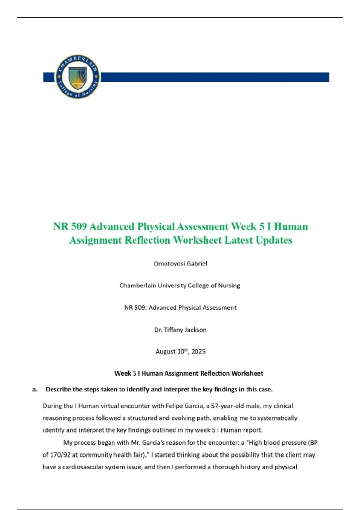 NR 509 Advanced Physical Assessment Week 5 I Human Assignment ...