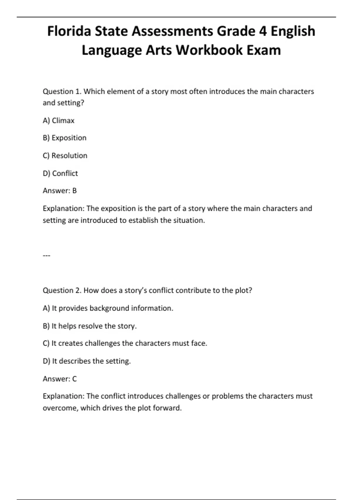 Florida State Assessments Grade 4 English Language Arts Workbook Exam ...