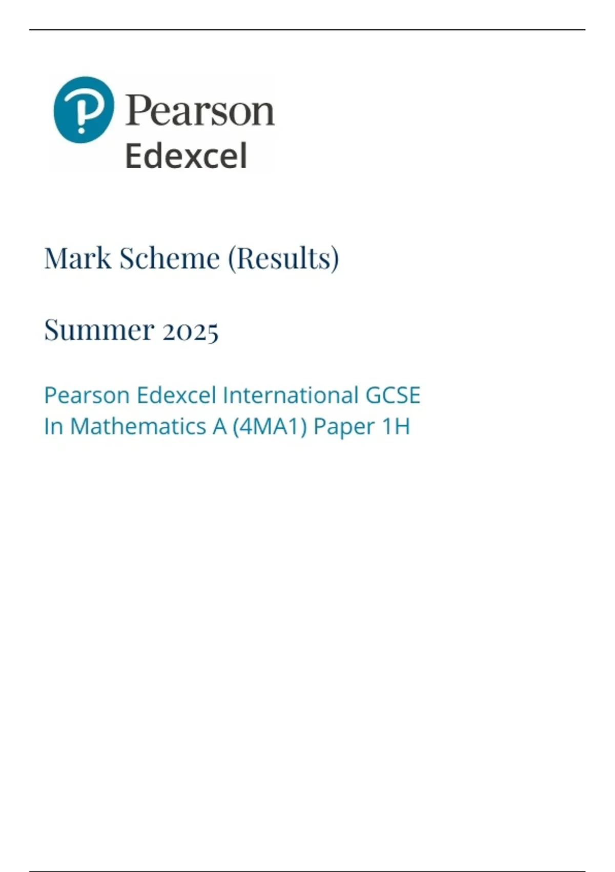 MARK SCHEME 2025IGCSE EDEXCEL PEARSON Mathematics A Paper 1 Higher ...