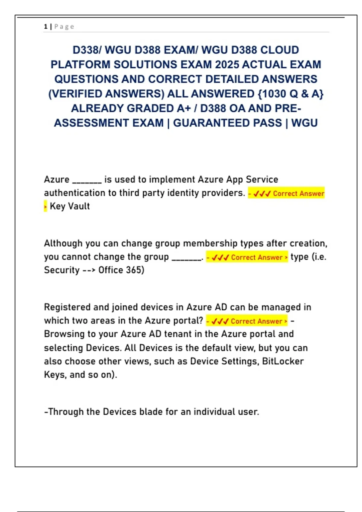 D338/ WGU D388 EXAM/ WGU D388 CLOUD PLATFORM SOLUTIONS EXAM 2025 ACTUAL EXAM QUESTIONS AND ...