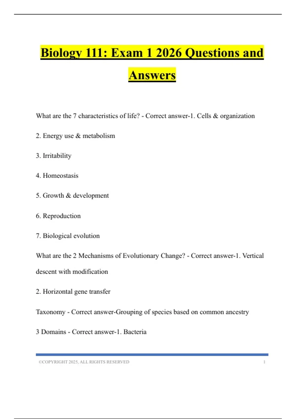 Biology 111: Exam 1 2026 Questions and Answers - Biology 111 - Stuvia US