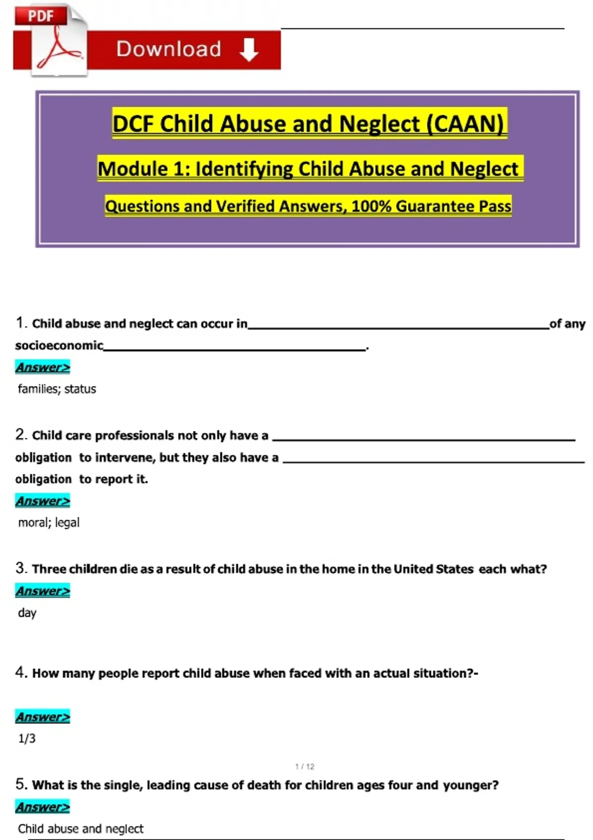 DCF Child Abuse and Neglect (CAAN) Module 1 – Identifying Child Abuse and Neglect Exam Questions ...