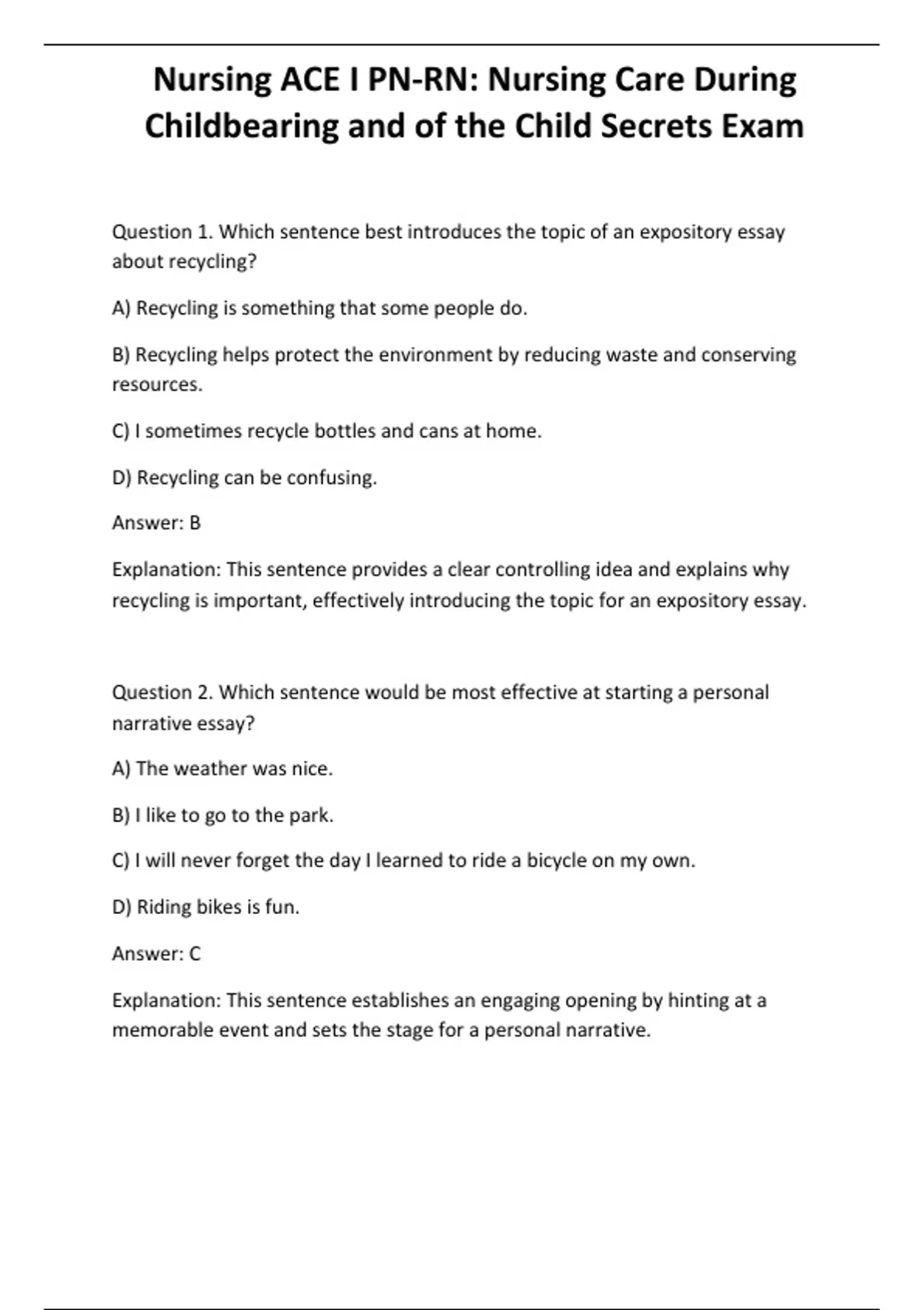 Nursing ACE I PN-RN: Nursing Care During Childbearing and of the Child ...