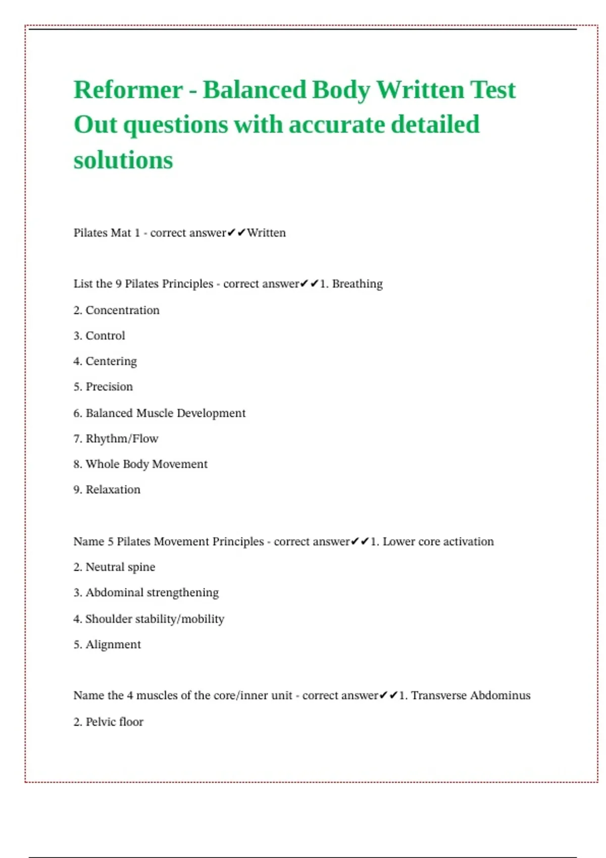 Reformer - Balanced Body Written Test Out questions with accurate ...
